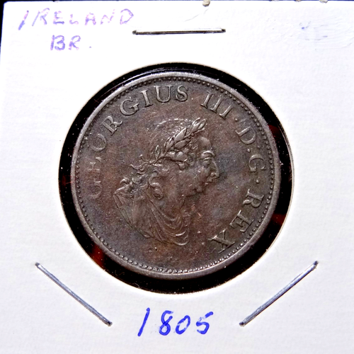 1805 Hibernia Ireland 1/2 Penny Copper Coin-27.6MM-George III-KM#147.1 ...