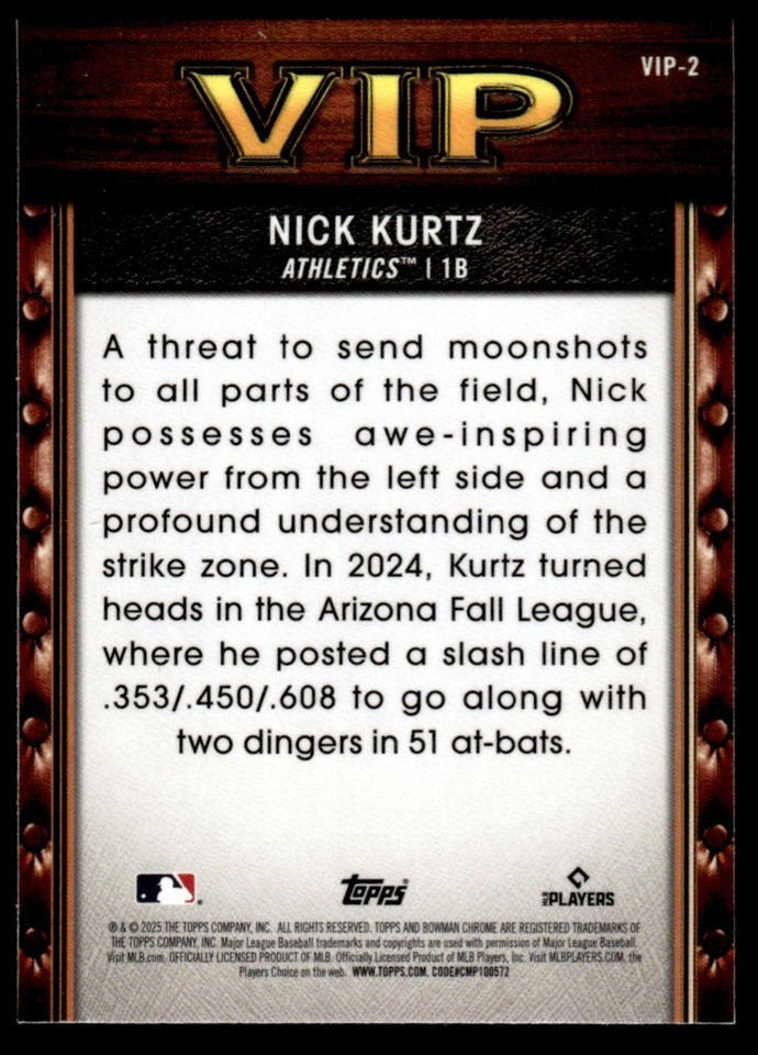 2025 BOWMAN VERY IMPORTANT PROSPECTS BOWMAN NICK KURTZ ATHLETICS #VIP-2 ...