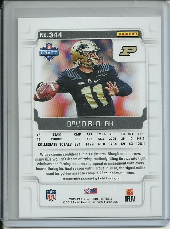 David Blough 2019 Panini Score Football Autograph Rookie Card No. 344 ...