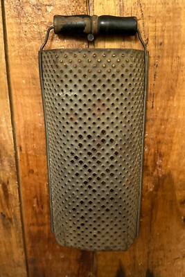 Antique Punched Tin Half Round Grater Old Primitive Kitchen Tool Wooden ...