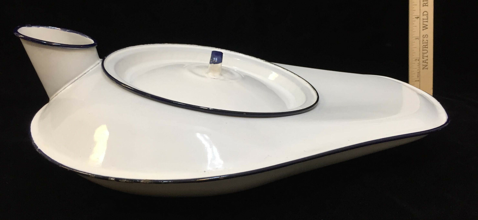 Enamel Bedpan Urinal Spout w/ Lid White Cobalt Blue Trim Vintage ...