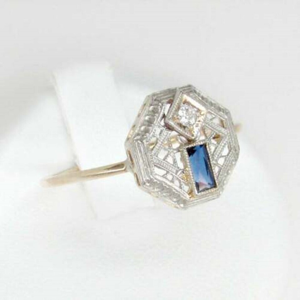 Baguette Blue Sapphire & CZ Octagon Shape Milgrain Vintage Retro ...