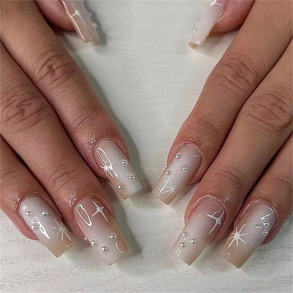 Pearl Tip Nails 24pcs 3D Pinkish Bow Press On Nails Short Square Fake