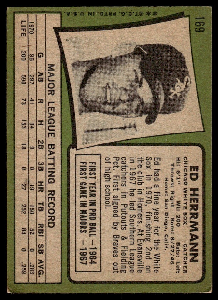 1971 Topps Baseball Card Ed Herrmann Chicago White Sox #169 | eBay
