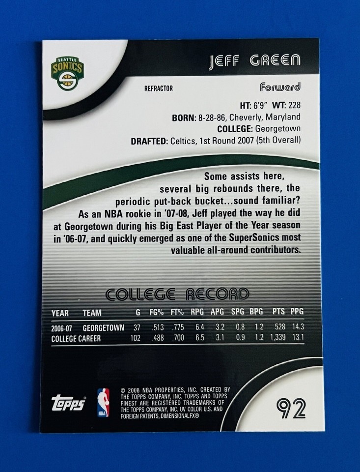 2007-08 Topps Finest Jeff Green Sonics Refractor Basketball Rookie Card ...
