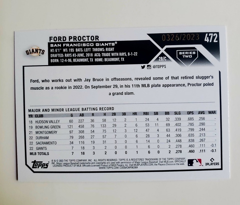 2023 Topps Series 2 Ford Proctor Gold Parallel 0326/2023 Rookie RC #472 ...