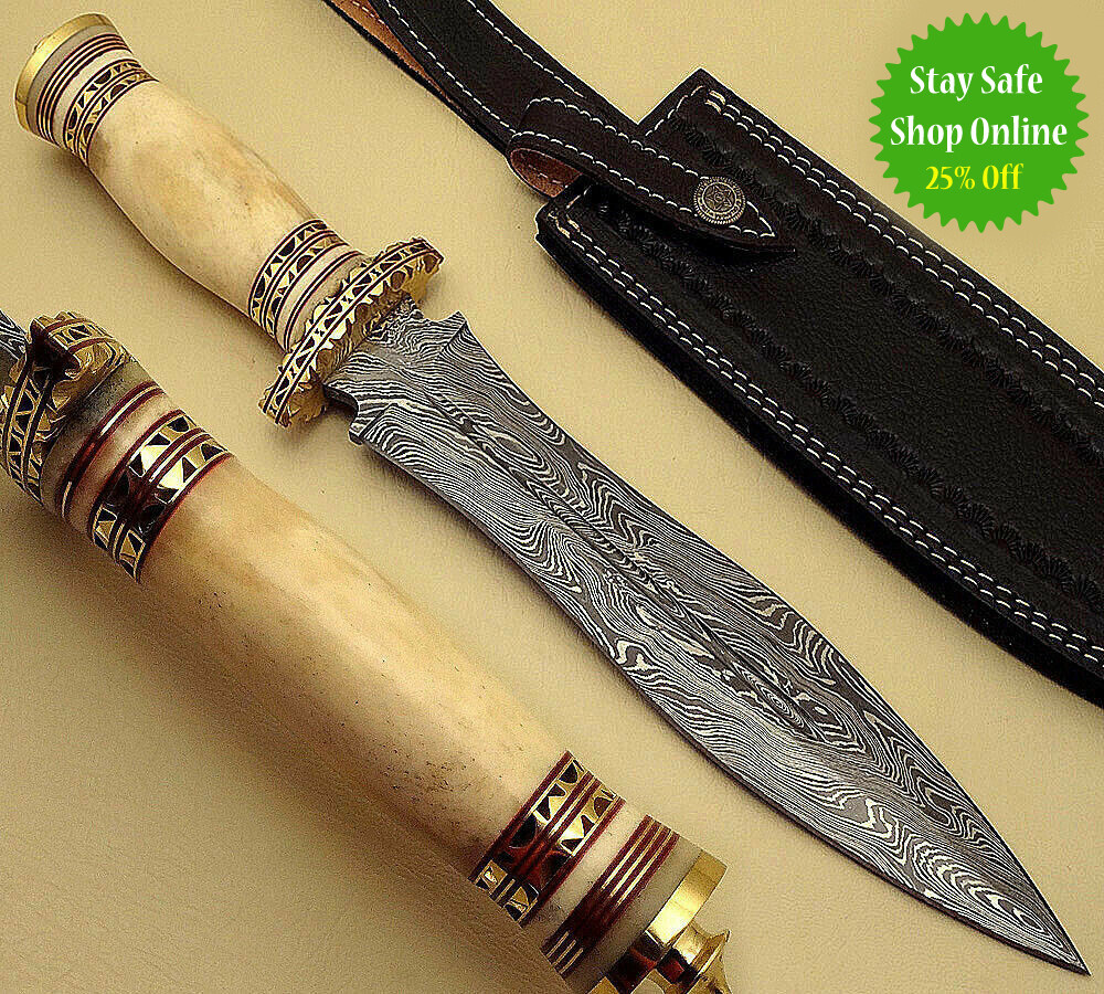 FANCY CUSTOM HAND MADE DAMASCUS STEEL HUNTING DAGGER KNIFE HANDLE BONE ...
