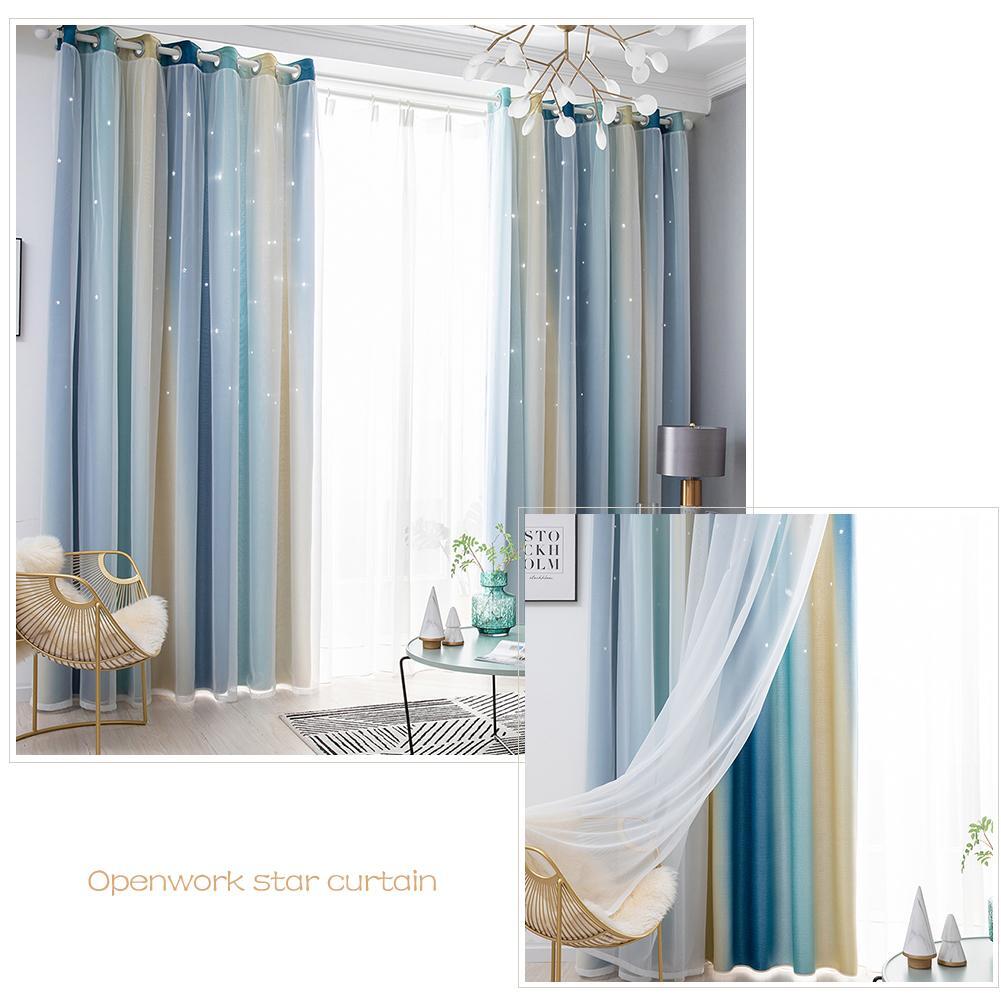 Gradient Hollow Star Curtain Bedroom Full Blackout Window Drapes (Blue ...