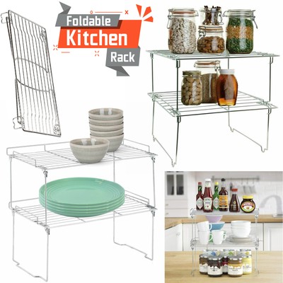 2 Tier Foldable Storage Shelf Kitchen Rack Stackable Stand Cupboard ...