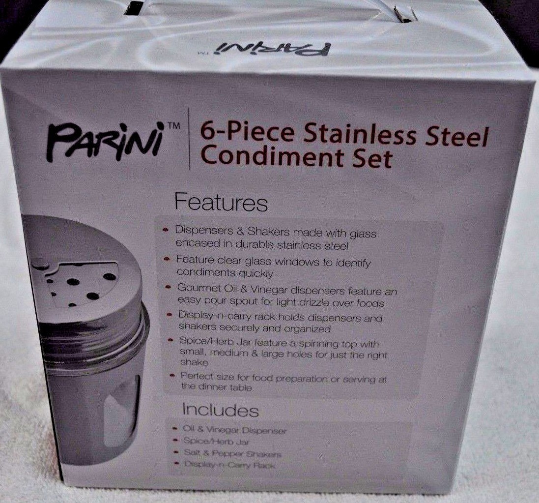 New Parini 6 Piece Stainless Steel Condiment Set In Display Rack - NIB ...