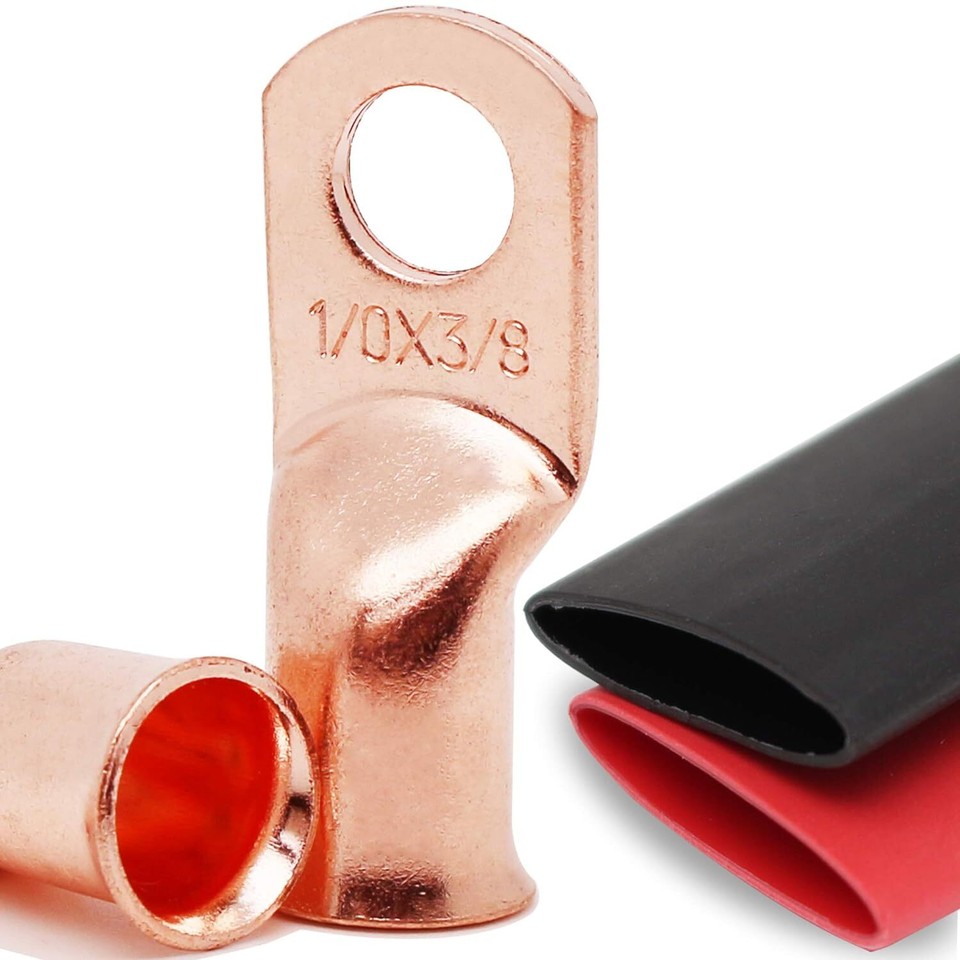 40 pcs 1/0 AWG Gauge Copper Lugs w/ BLACK & RED Heat Shrink Ring ...