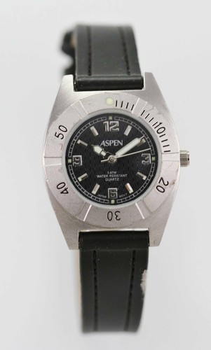 Aspen Watch Womens Black Leather Stainless Silver Battery Easy Read 30m ...