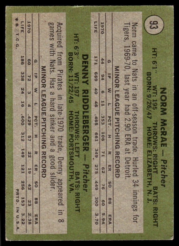 1971 Topps Senators Rookies - Norm McRae / Denny Riddleberger RS ...