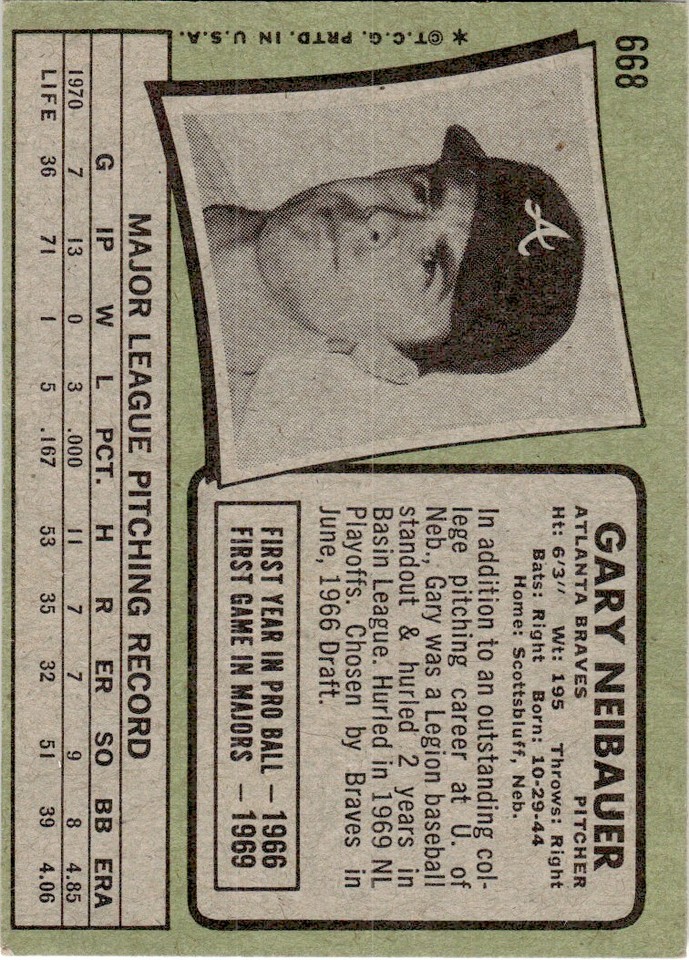 1971 Topps Gary Neibauer Atlanta Braves #668 | eBay