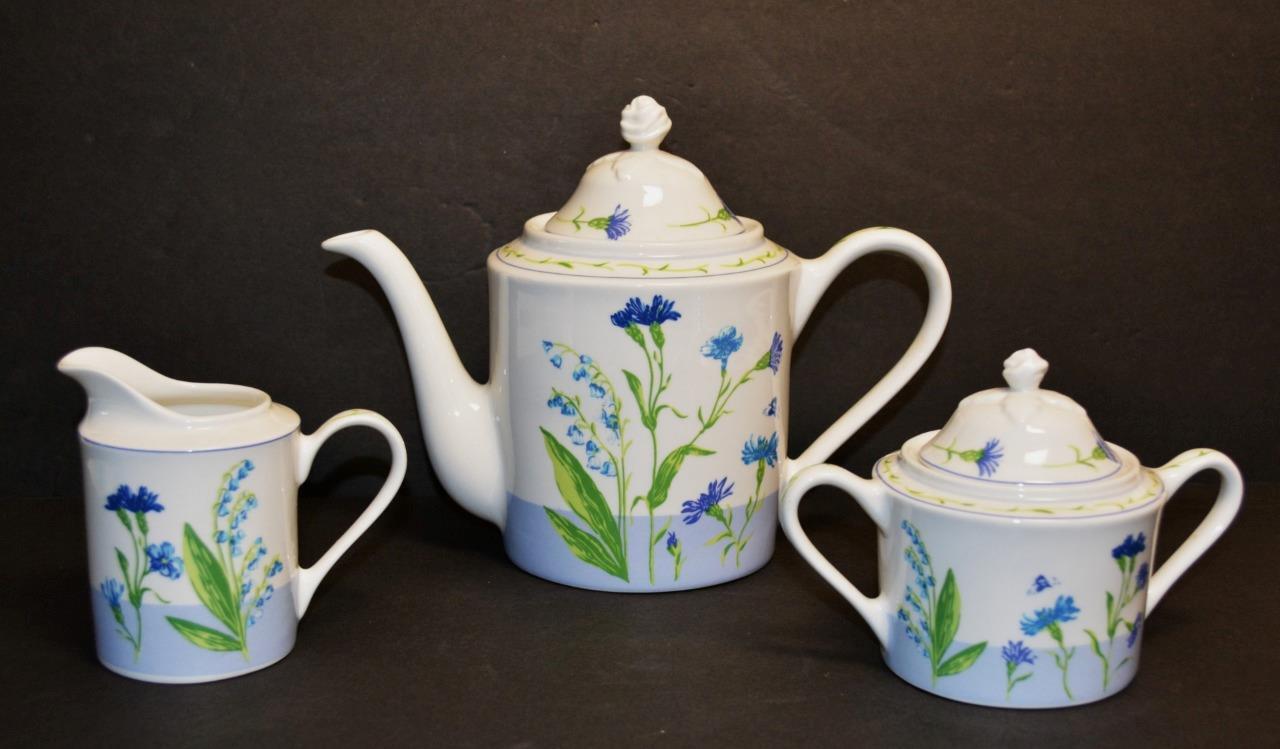LAURA ASHLEY Fine China CORNFLOWER Pattern Set Teapot Sugar Bowl ...