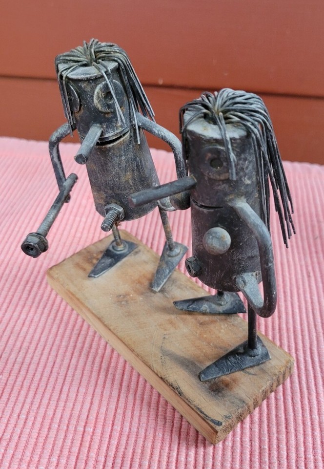 Vintage Small Metal Happy Smiling Male & Female Caveman Sculpture ...