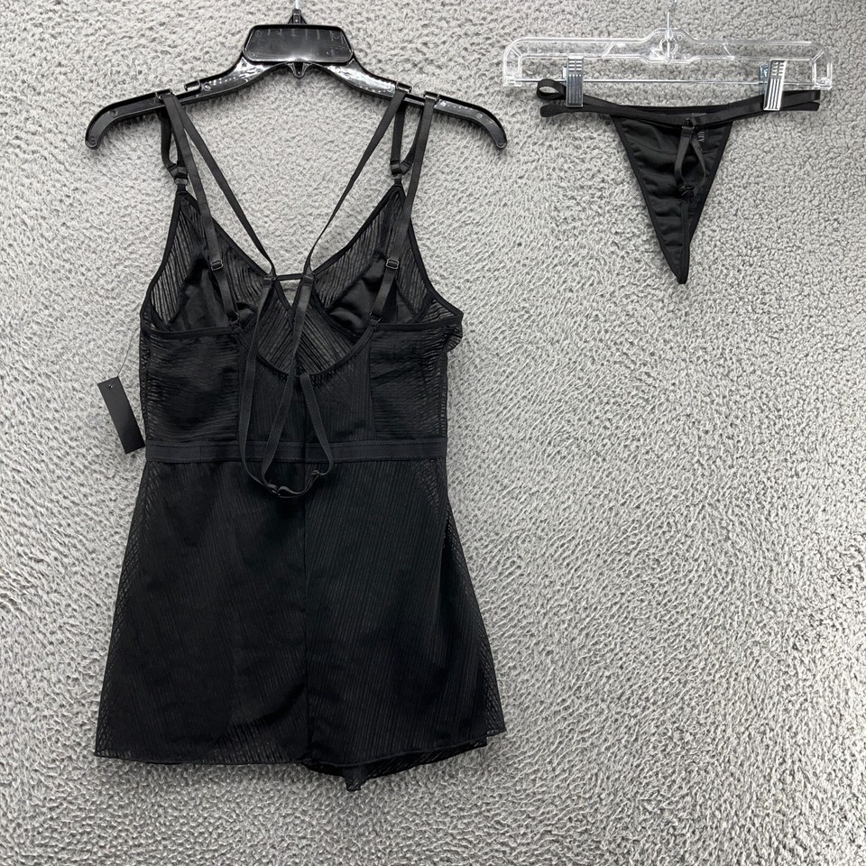 Hauty Sleepwear Womens Medium Black Wire Free Thong Dress Sheer Strappy ...