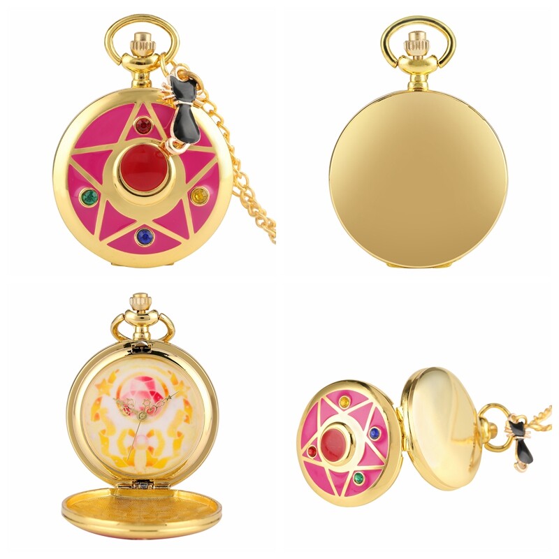 Pink Pocket Watch for Girls Cute Cartoon Design Quartz Fob Watch with ...