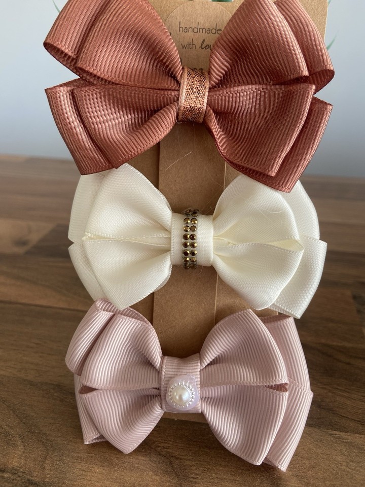 Triple Set Of Neutral/ Autumnal, Double Layered Bows. Approx 8x5cm Each ...