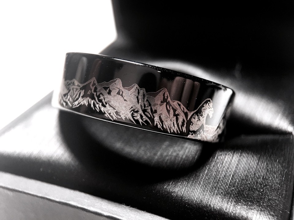 Ocean Wave Ring, Mountain Ring, Black Tungsten Wedding Band, Mens ...