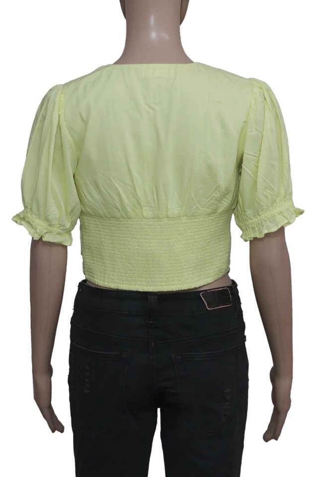 UO Kyra Ruched Blouse Top Urban Outfitters Smocked Puff Sleeve Yellow ...