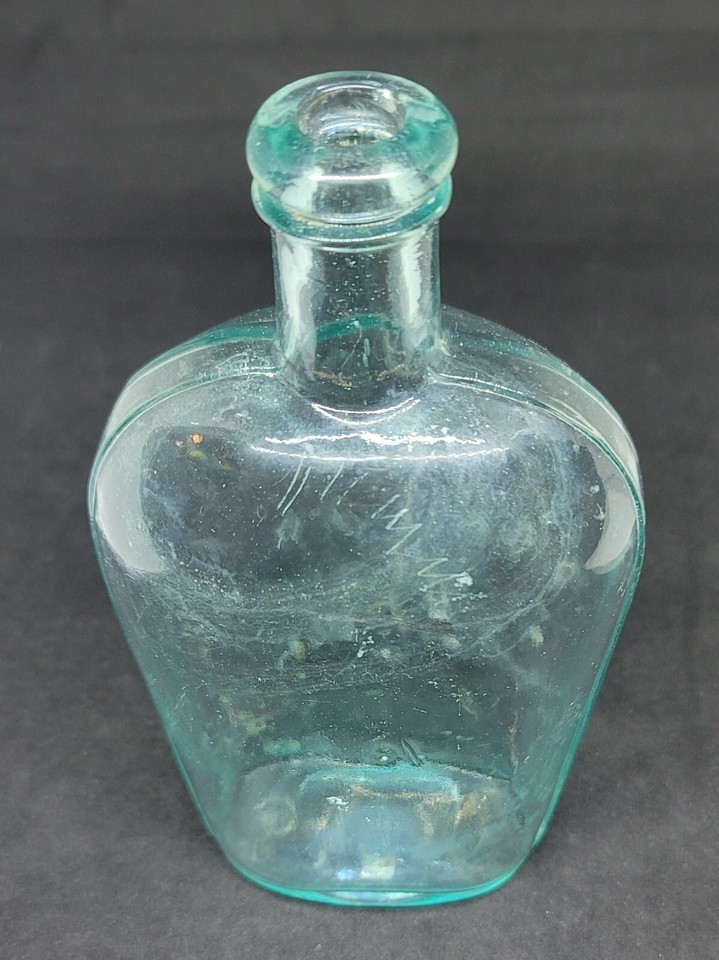 ANTIQUE 1890'S PINT SIZE STRAP SIDE FLASK LIQUOR BOTTLE TEAL F BASE ...