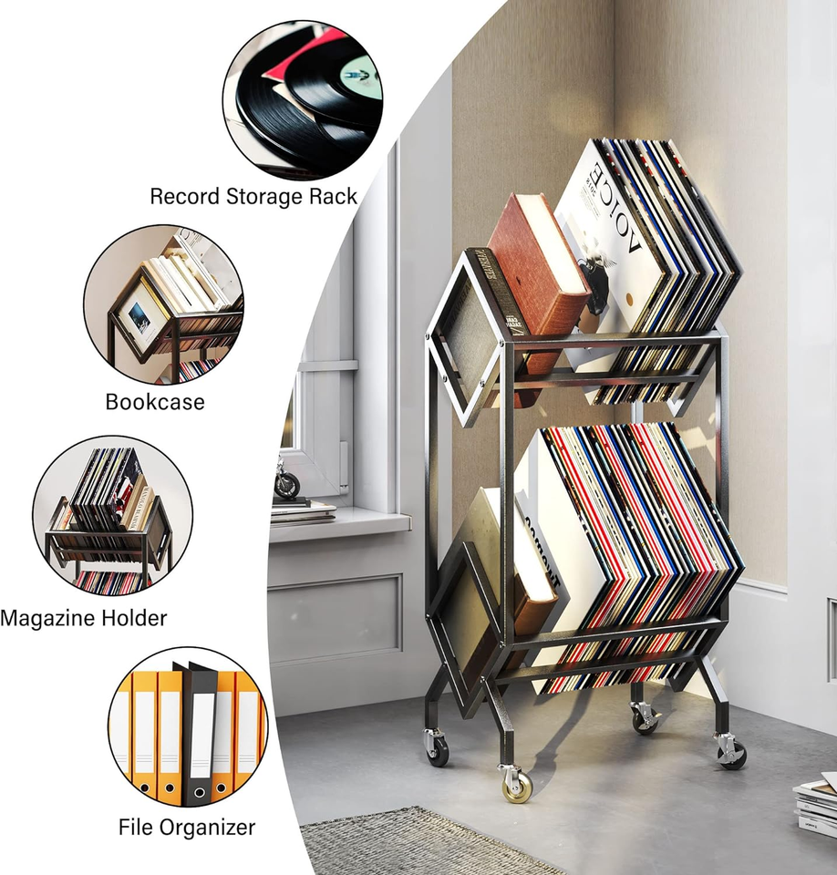 2-Tier Movable Vinyl Record Storage Rack, Vinyl Record Shelf, Storage ...