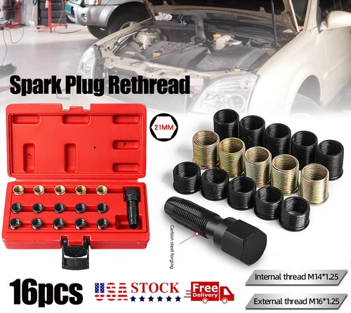 16pc Spark Plug Thread Repair Rethreading Tool Kit M16 Threaded Coil ...