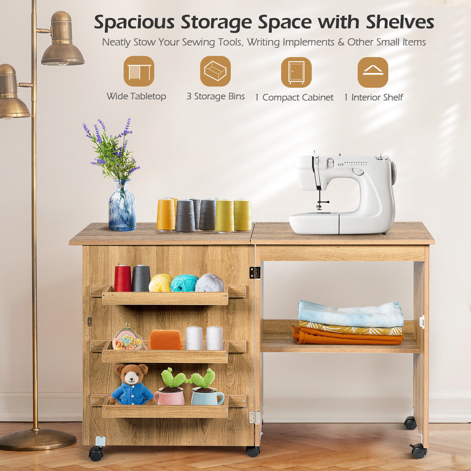 2-In-1 Folding Sewing Table Rolling Craft Table Movable Sewing Desk w ...