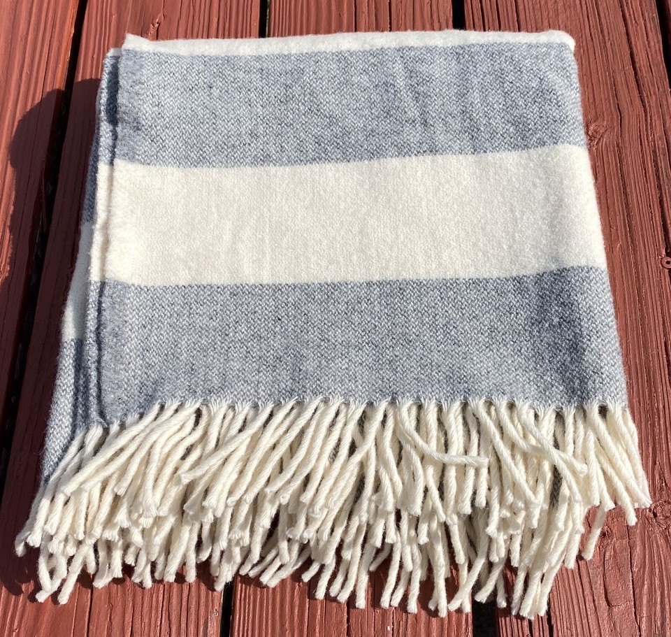 Fairbault Mill Cannon River Wool Blanket Gray Cream Handcrafted Stripe ...