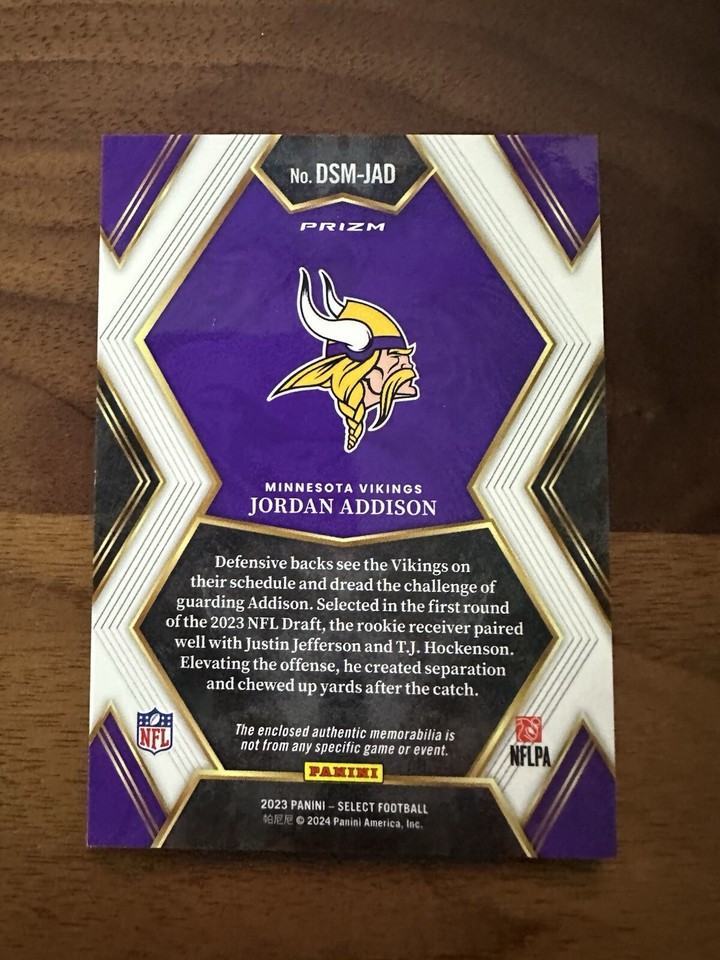 2023 Panini Select Jordan Addison RC #DSM-JAD Draft Selections Patch SP ...