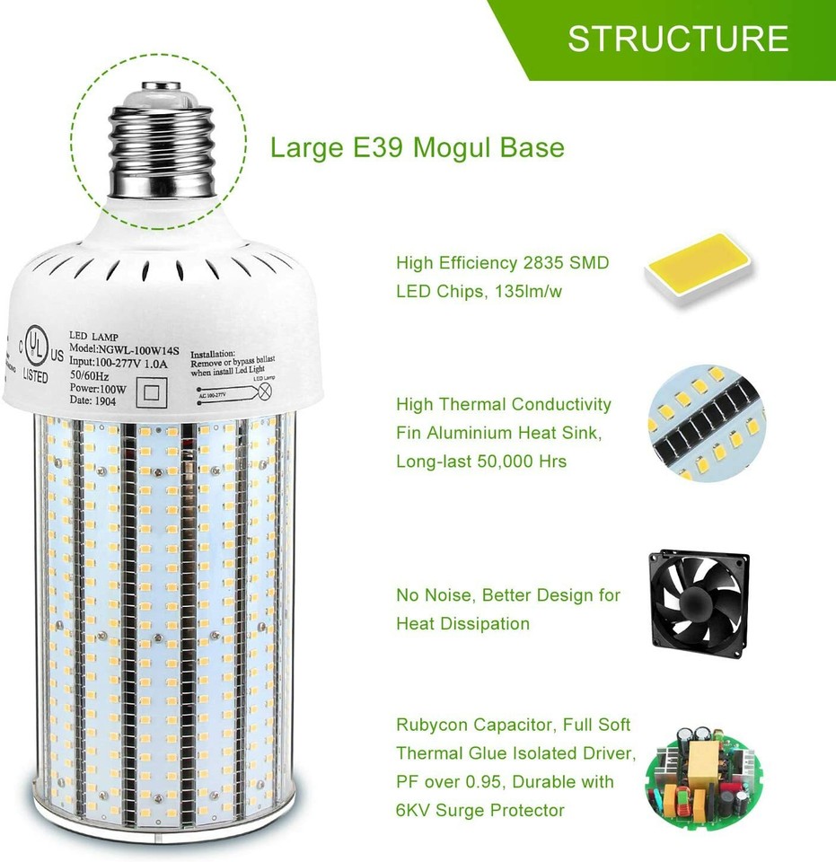 LED Corn Bulb 100W LED Cob Light E39 Mogul Base Replace 400W Metal ...