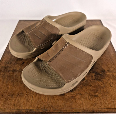 Crocs Mens Bogota Slides Brown Leather SZ 13 Slip On Sandals Shoes ...