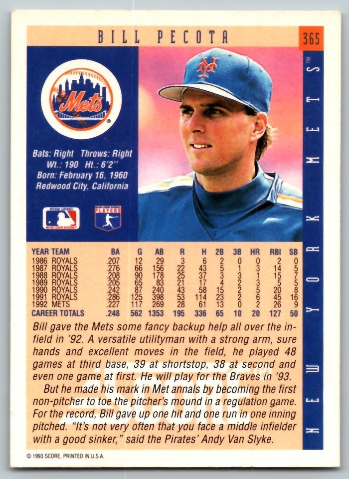 1993 SCORE BILL PECOTA NEW YORK METS #365 | eBay