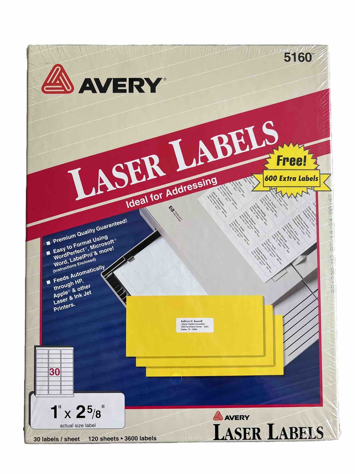Avery 5160 Laser Labels Ideal For Addressing 1”x2 5/8” 120 Sheets 3600 ...