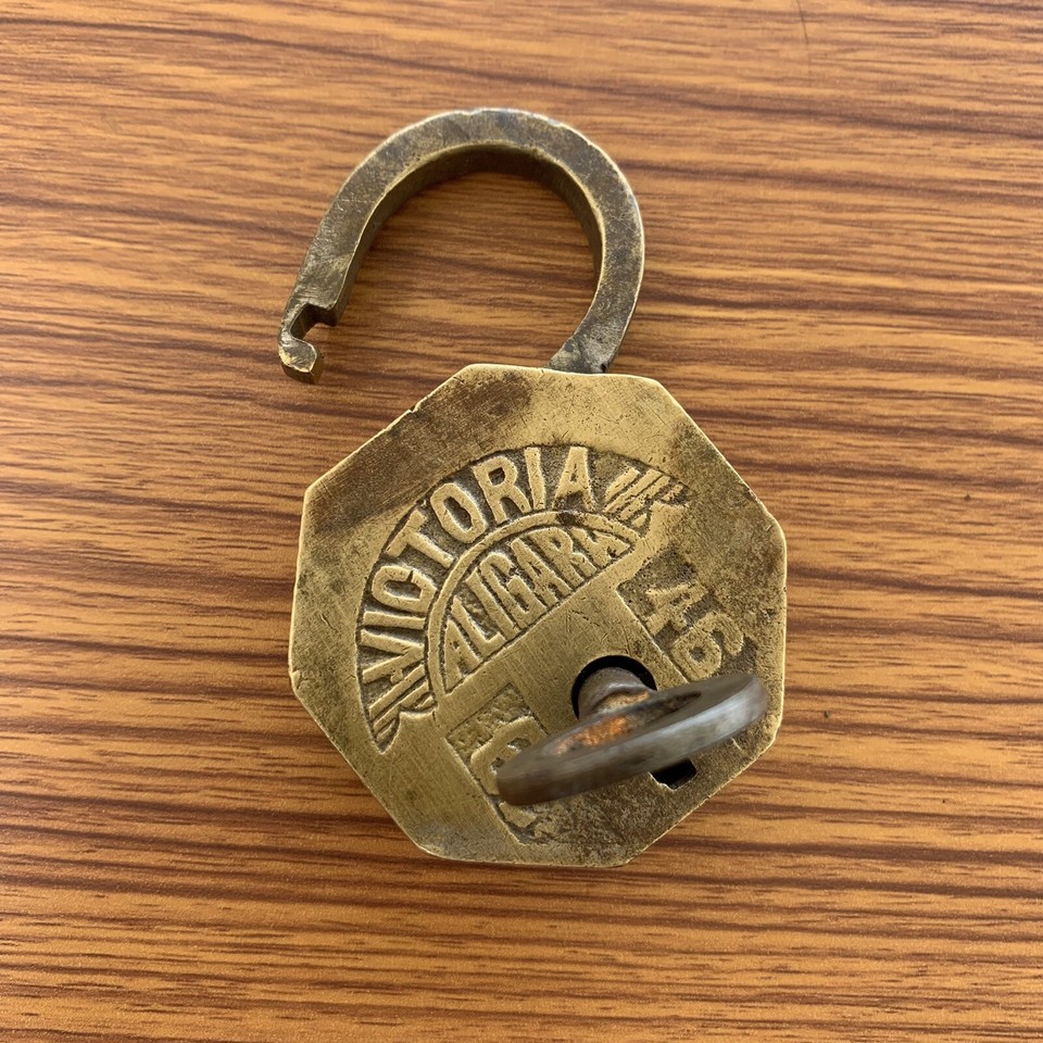 1940's BRASS PADLOCK OR LOCK WITH KEY OLD OR ANTIQUE, OCTAGONAL SHAPE ...