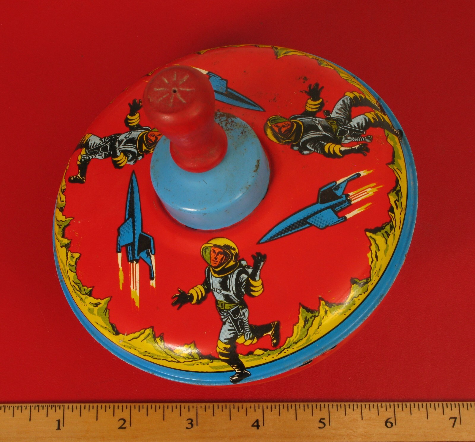 VINTAGE NUCLEAR ATOMIC ROCKET SHIP SPACE AGE TIN TOY TOP GREAT GRAPHICS ...