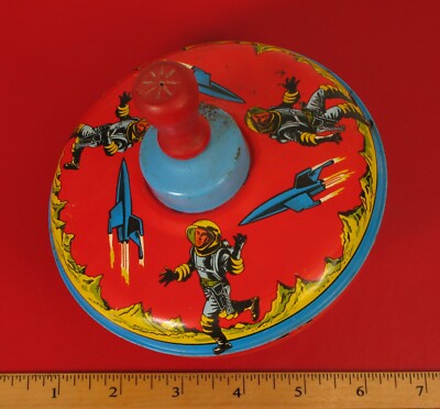 VINTAGE NUCLEAR ATOMIC ROCKET SHIP SPACE AGE TIN TOY TOP GREAT GRAPHICS ...