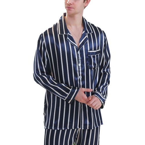 Men's Casual Sleepwear Sets Comfort Blue Stripe with Lapel Pocket Thin ...