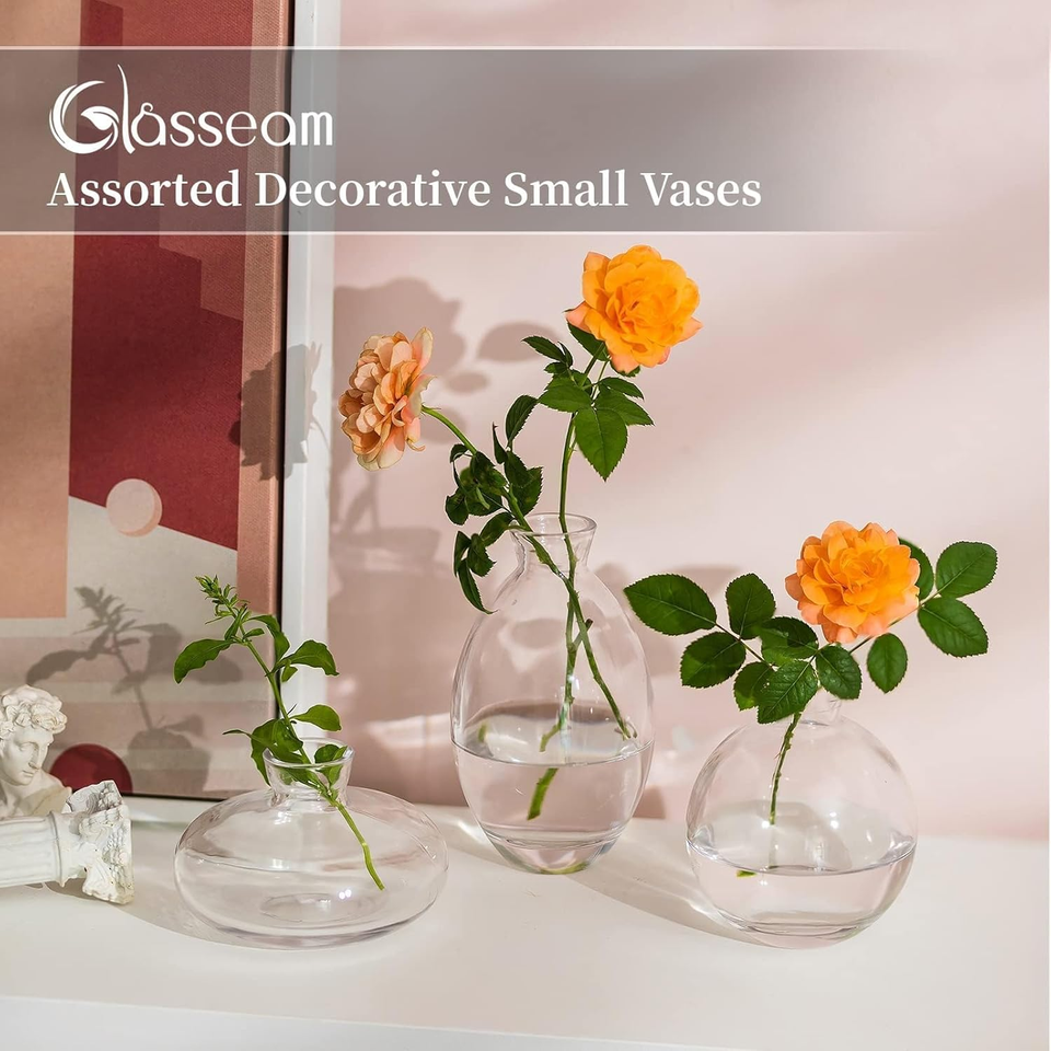 Glasseam Clear Glass Bud Vase, 3Pcs/Set Modern Decorative Small Mini ...