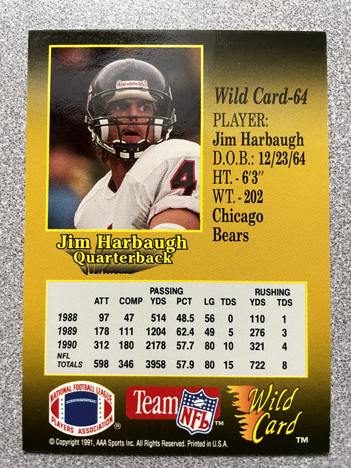 1991 Wild Card Jim Harbaugh 5 Stripe Parallel Card #64 Chicago Bears | eBay
