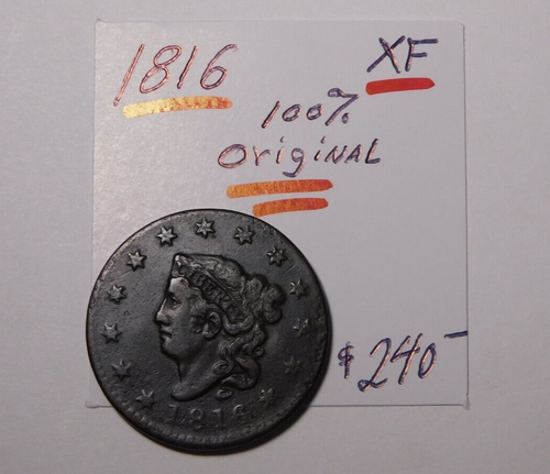 HIGH GRADE 1816 U.S. LARGE CENT 100% ORIGINAL XF CHOCOLATE BROWN ONLY ...