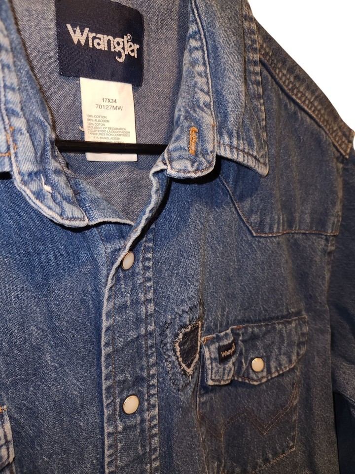 VTG 90s Wrangler Mens XL Western Pearl Snap Button Denim Shirt Blue ...