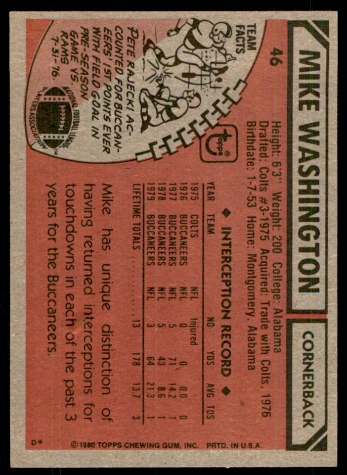 1980 Topps Mike Washington Football Card Tampa Bay Buccaneers #46 | eBay