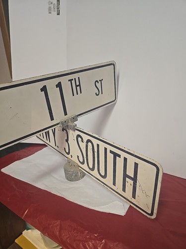 Vintage METAL STREET SIGNS. 11th. & HWY 3 South Black on White ROAD ...