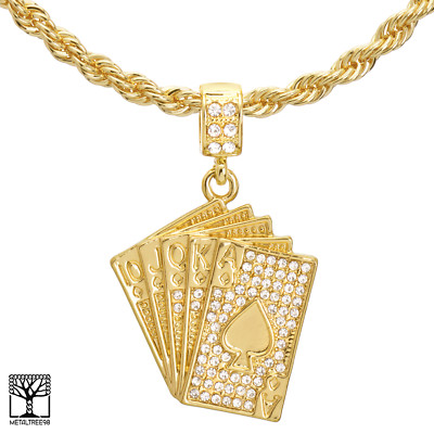 Men's Hip Hop Gold Plated Iced Poker Cards Pendant 24" Chain Necklace ...