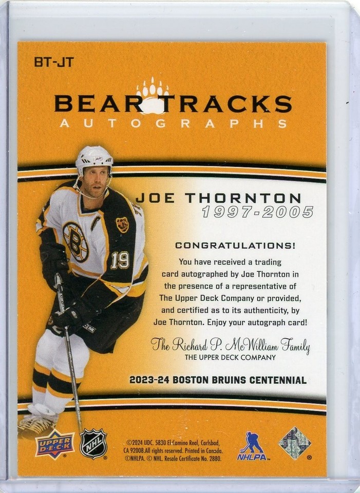 2023-24 Upper Deck Boston Bruins Centennial Bear Tracks - Joe Thornton ...