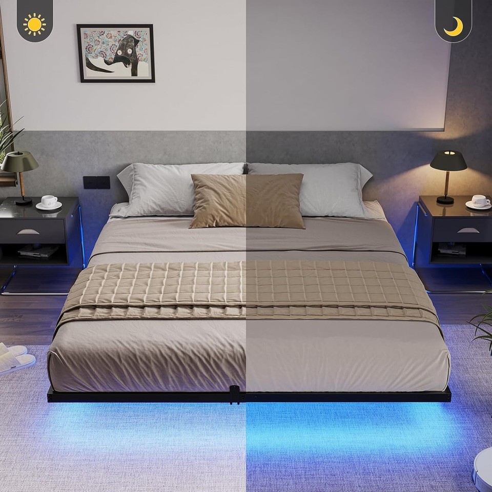 Floating Bed Frame California King Size with LED Lights,Metal Platform ...