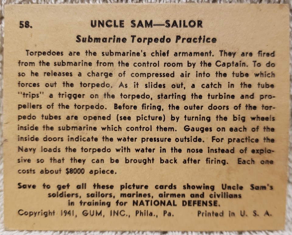1941 GUM INC UNCLE SAM SAILOR SUBMARINE TORPEDO PRACTICE #58 HIGH GRADE ...