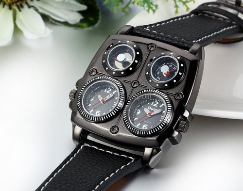 Military Army Dual Time Zones Movements Quartz Watch Black Leather ...